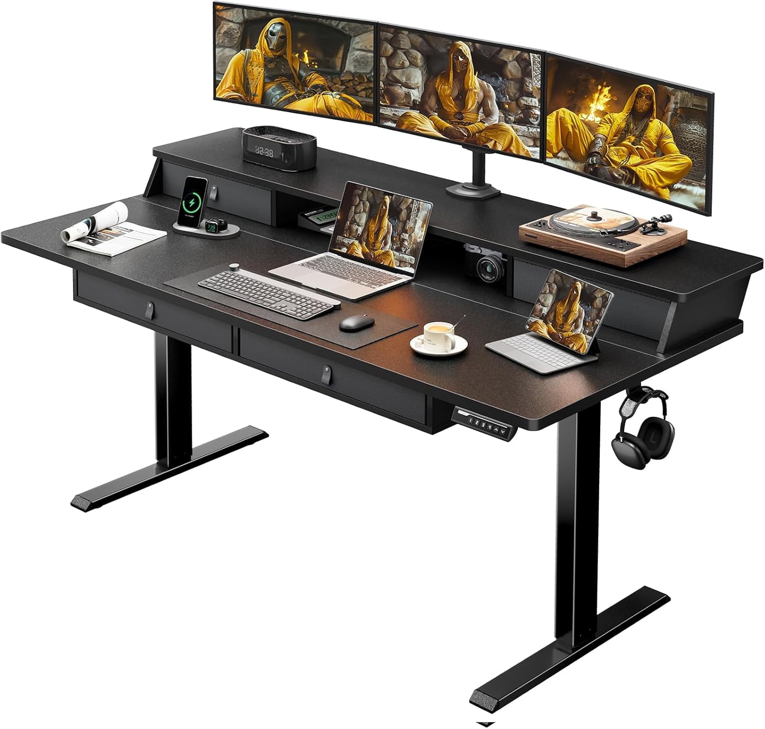 Kyspho 63″ x 30″ Standing Desk with Drawers, Electric Height Adjustable ...