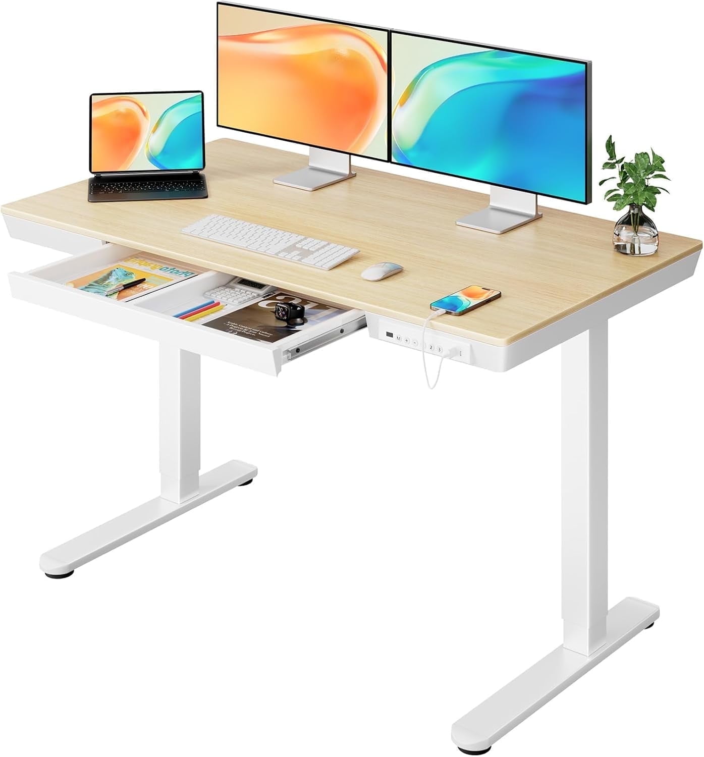 CHITOOMA One Piece Electric Standing Desk with Drawer, 48" x 24" Maple ...