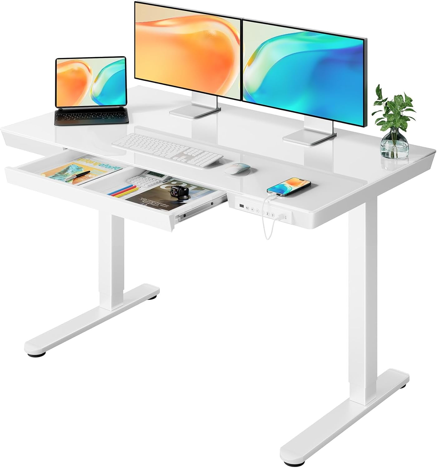 CHITOOMA One Piece Glass Top Standing Desk with Drawer, 48'' x 24 ...