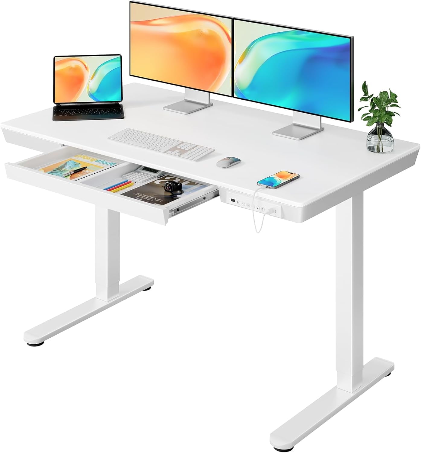 CHITOOMA Electric Standing Desk with Drawer, One Piece Tabletop 48" x ...