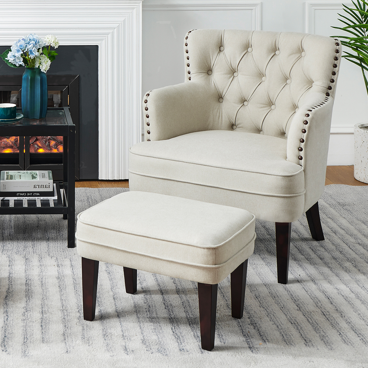 Belleze Tall Wingback Tufted Linen Accent Chair Tufted High Back with ...