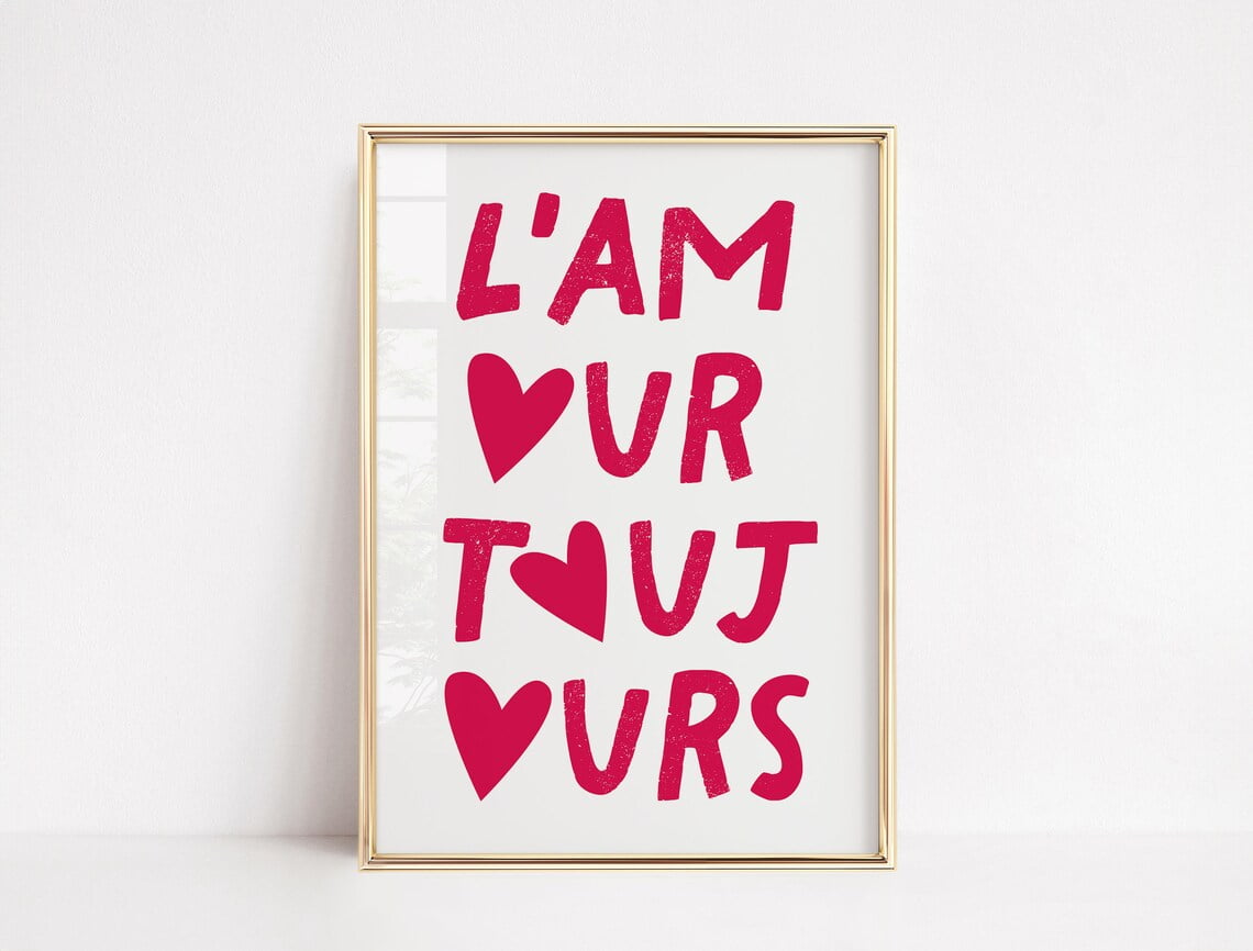 L’Amour Toujours, Typography Quote French Poster Red Heart, Romantic ...