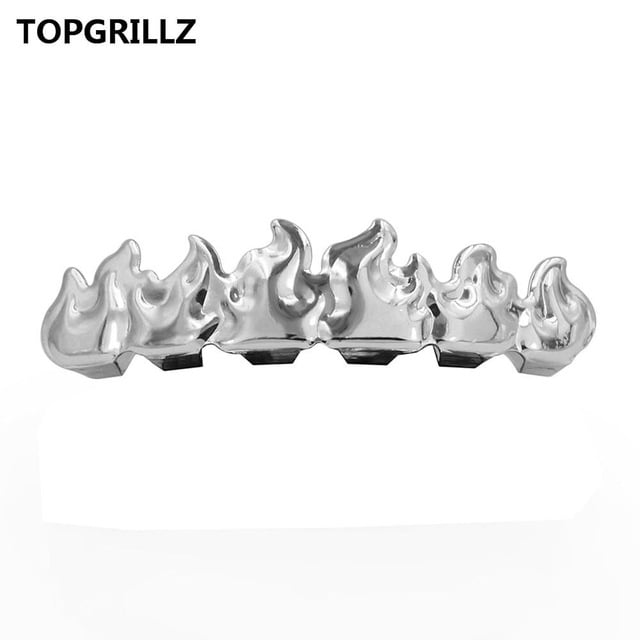 L Gold Color Plated HIP HOP Teeth Grillz Flame Leaf Top & Bottom Grill ...