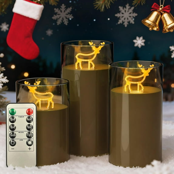 L LOHAS LED Christmas Electronic Candle Night Lights Remote, 3-Pack Reindeer LED Flameless ...
