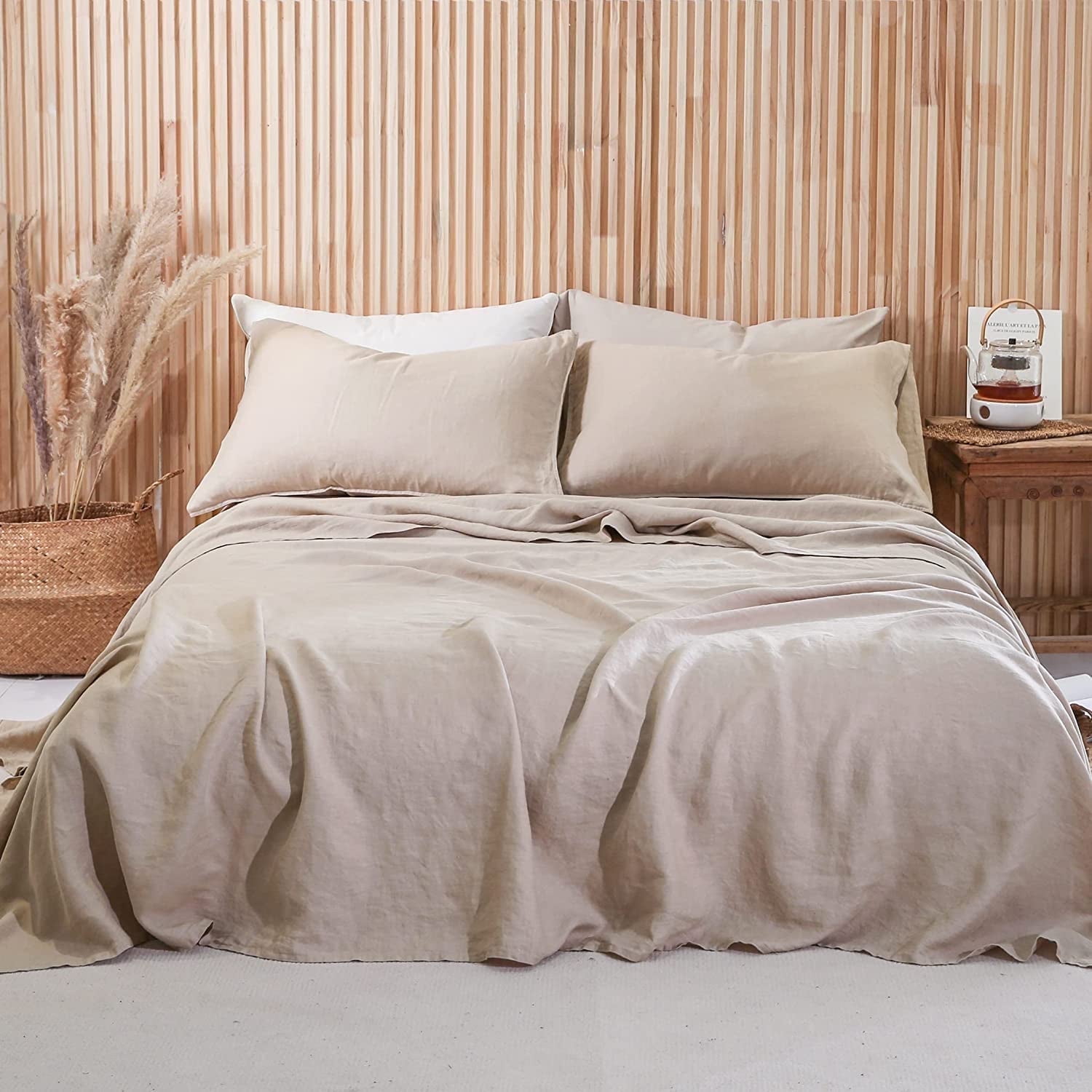 L Linen World 100% Linen Sheets Set King Size,French Linen from Normandy Bed Sheets Natural Flax ...