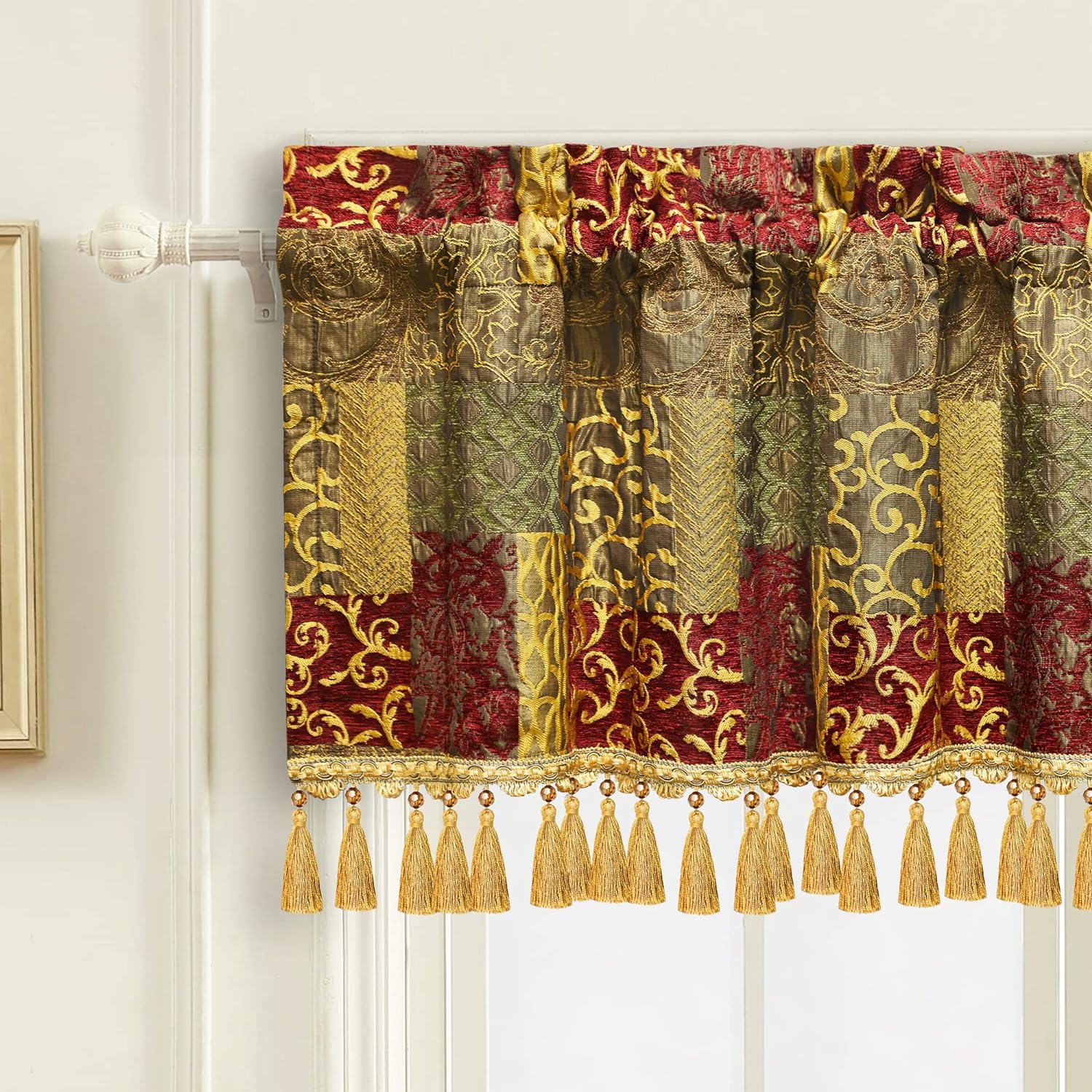 L&M Luxury Window Valance, Damask Chenille Curtain Valance with Tassels ...