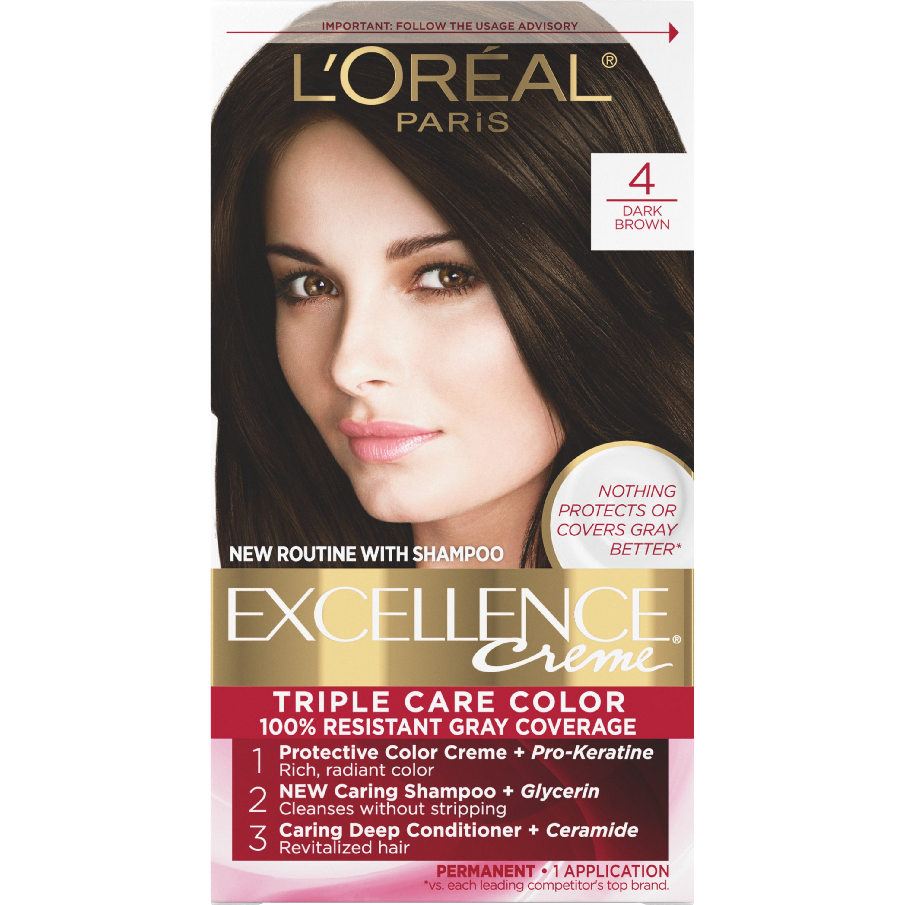 L'Oreal Paris Permanent Triple Care Hair Color, 4 Dark Brown, 1 Kit ...