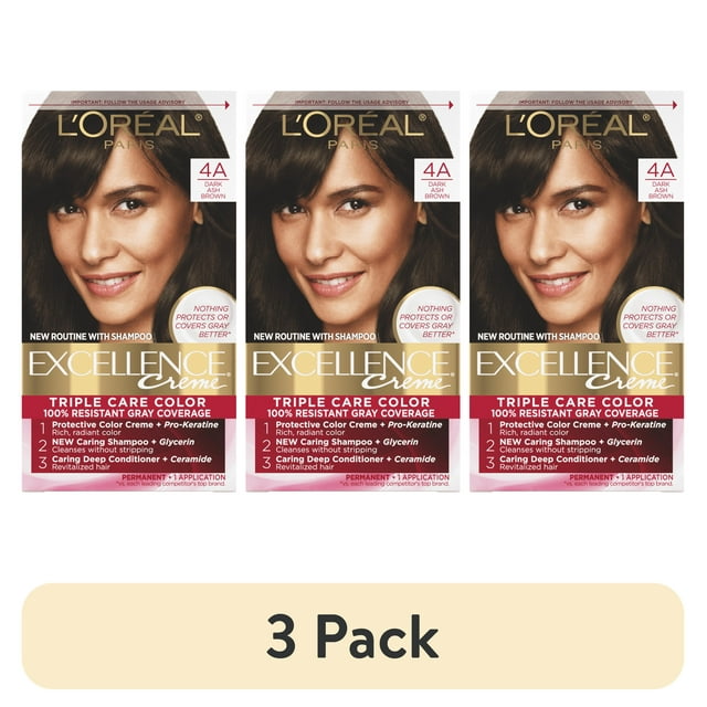 (3 pack) L'Oreal Paris Excellence Creme Permanent Hair Color, 4A Dark ...