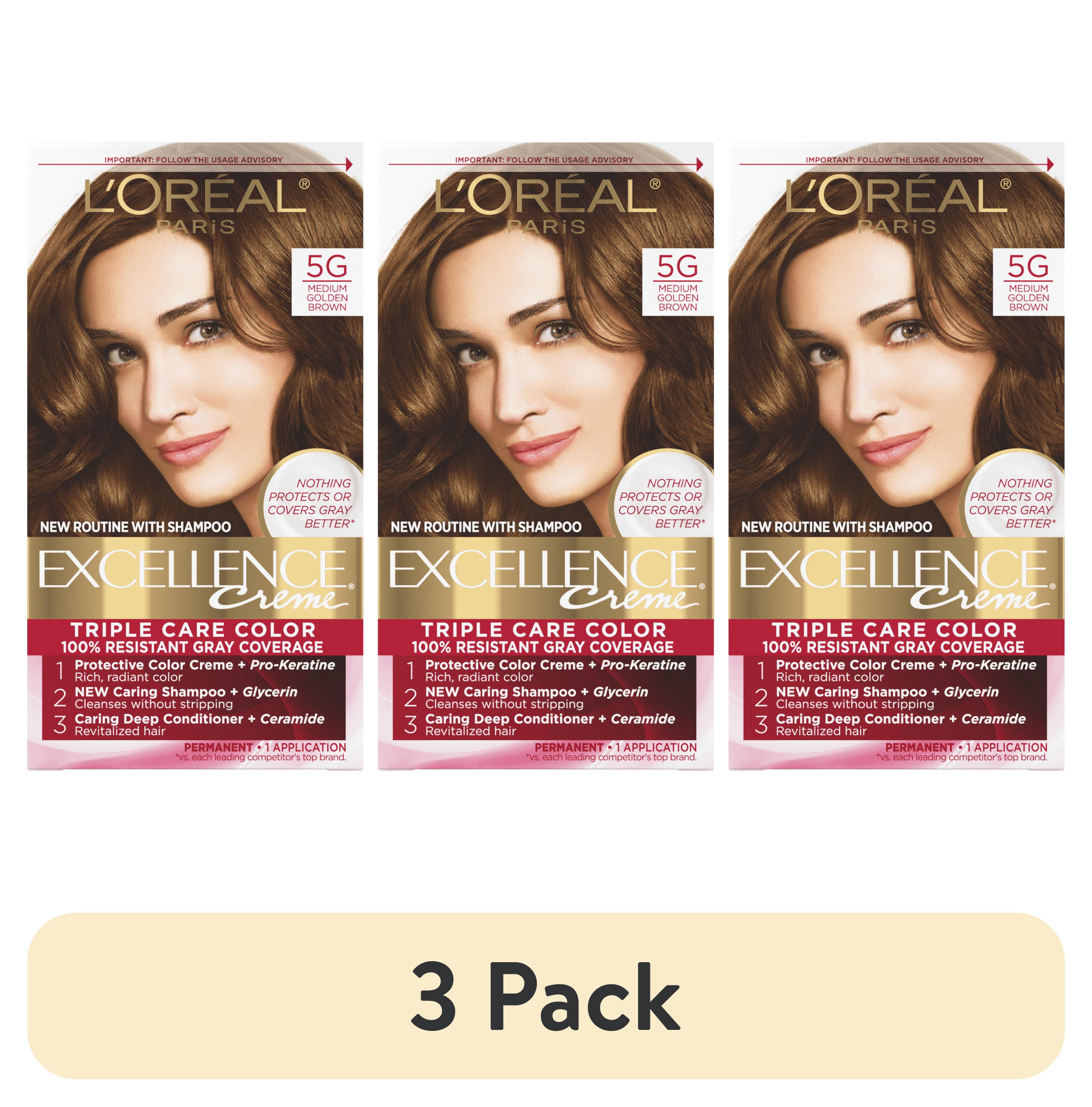 (3 pack) L'Oreal Paris Excellence Creme Permanent Triple Care Hair Color, Medium Golden Brown, 1 ...