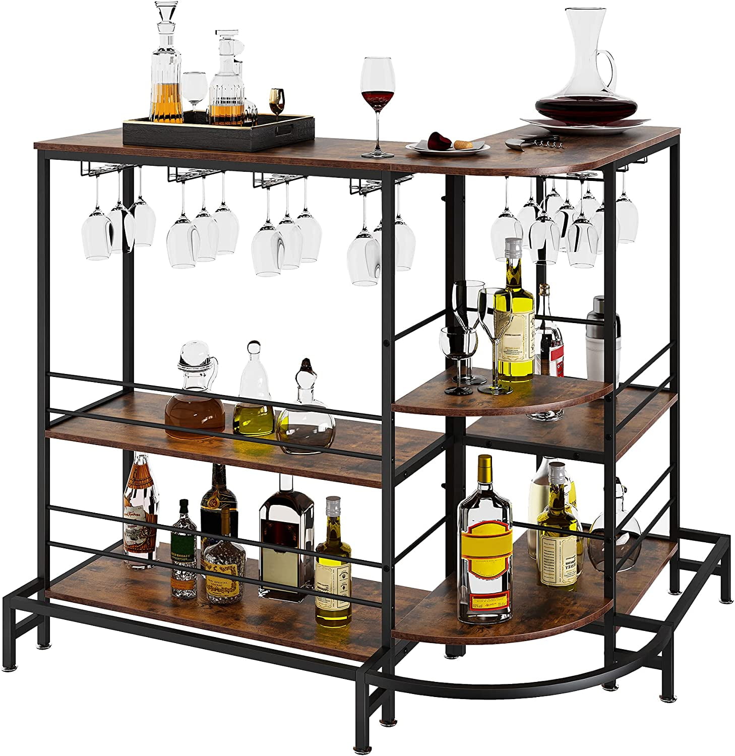 L-Shape Bar Table, 3-Tier Liquor Bar Table with Storage & Glasses ...