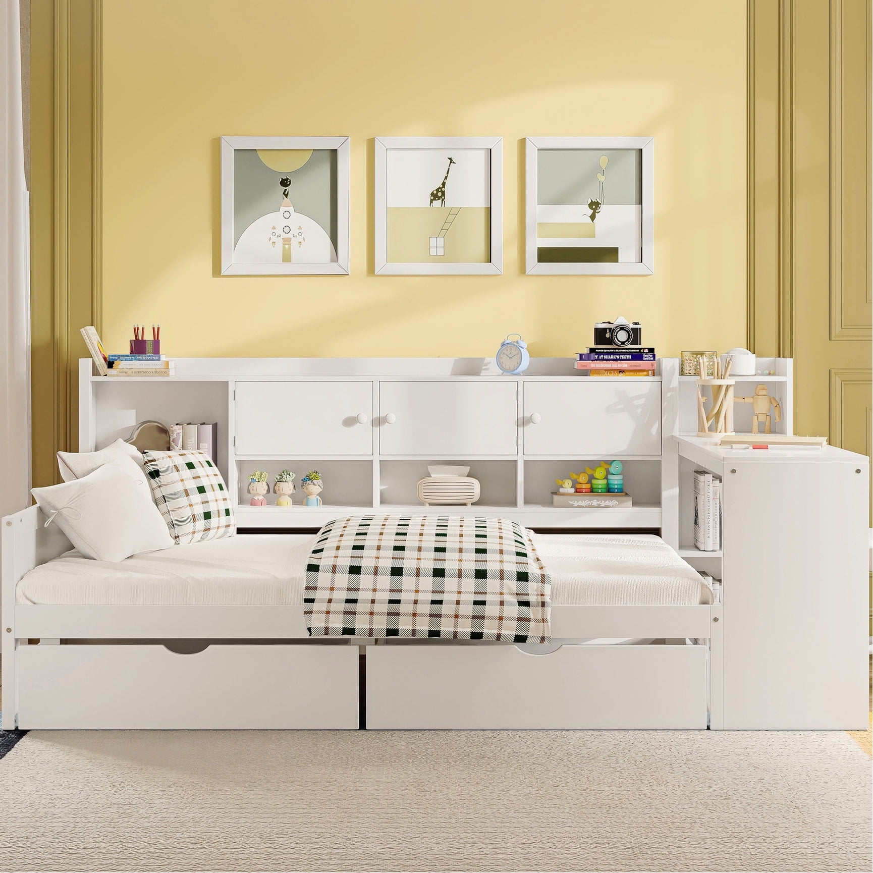 L-Shape Bed with Storage and Shelf / Wood Construction, Adjustable Desk ...
