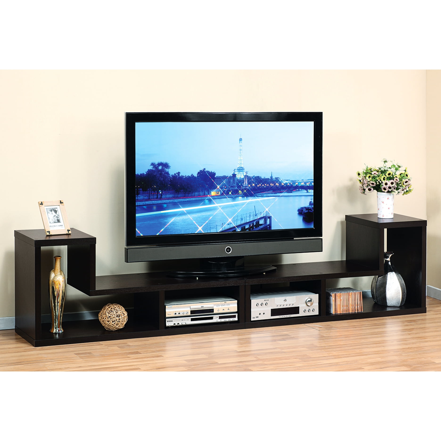 L Shape Geometric Tv Stand In Dark Color, Two Piece Extendable Media ...