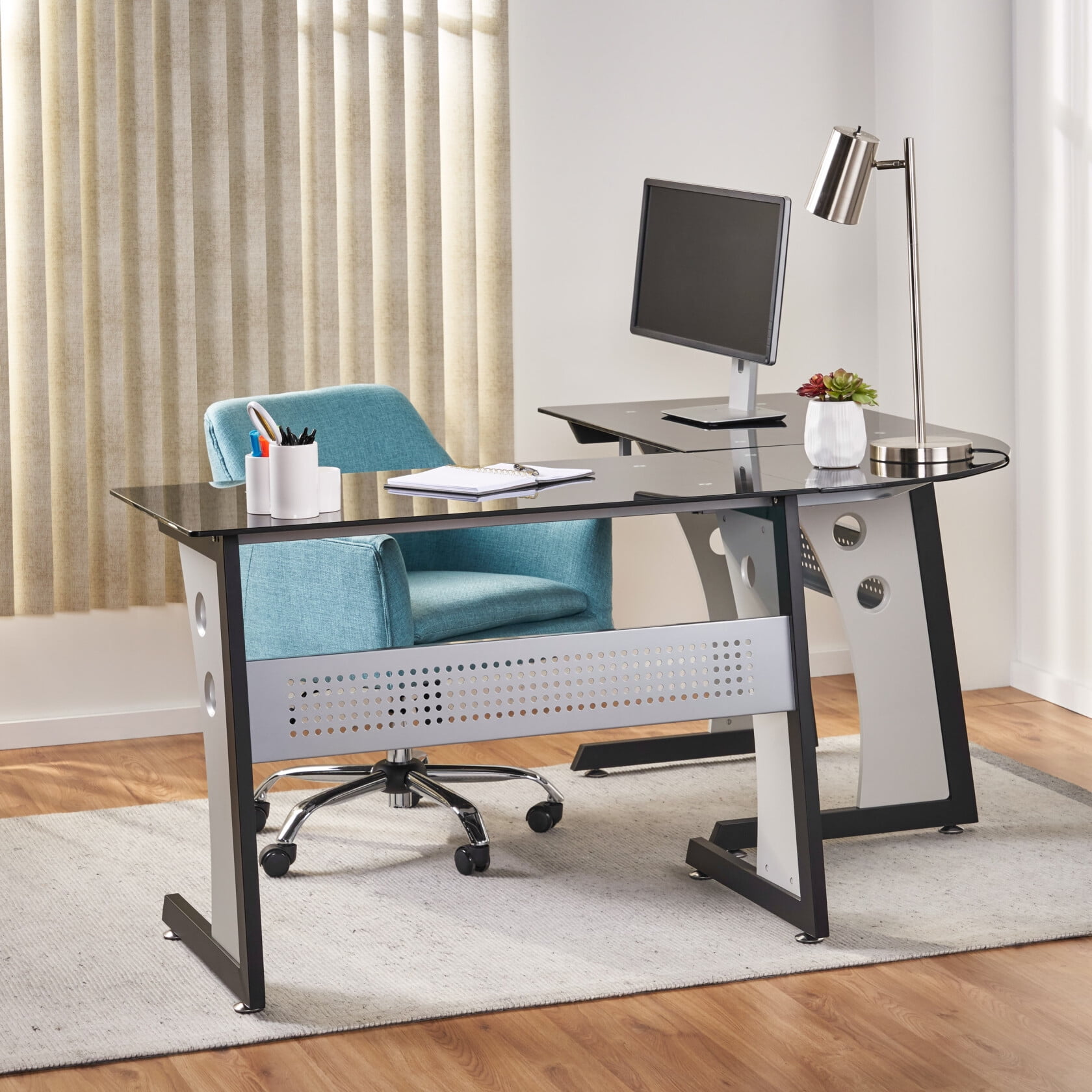 L Shape Glass Office Desk with Sectional Tempered Glass Table Top ...