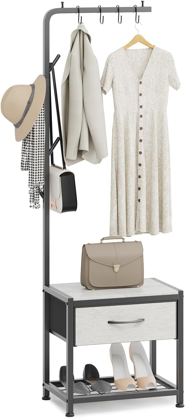 L-Shape Hall Tree with Narrow Coat Rack and Shoe Bench, 3-in-1 Design ...