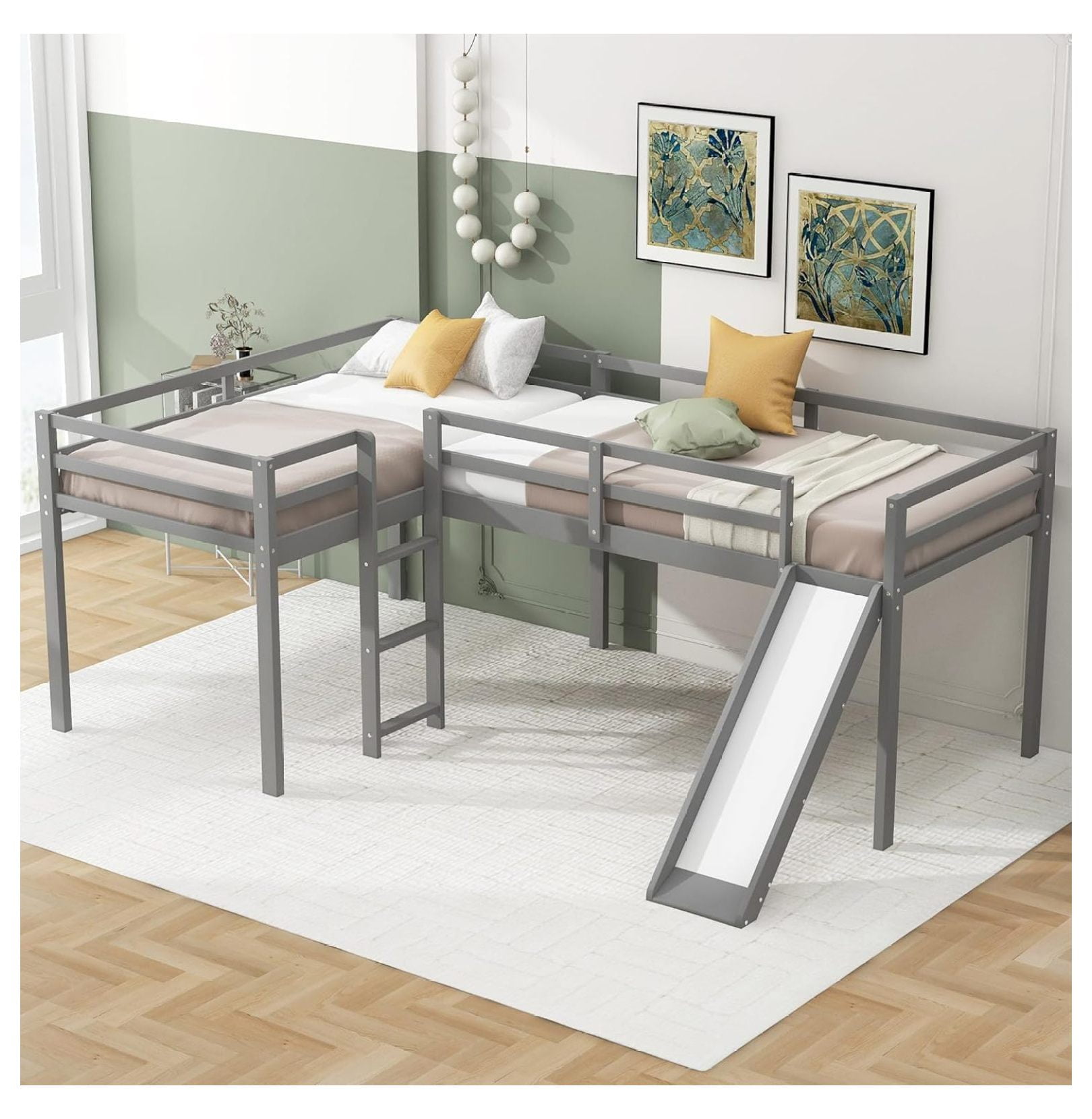 L-Shape Loft Beds with Slide and Ladder, Twin Loft Bed Frame Corner ...