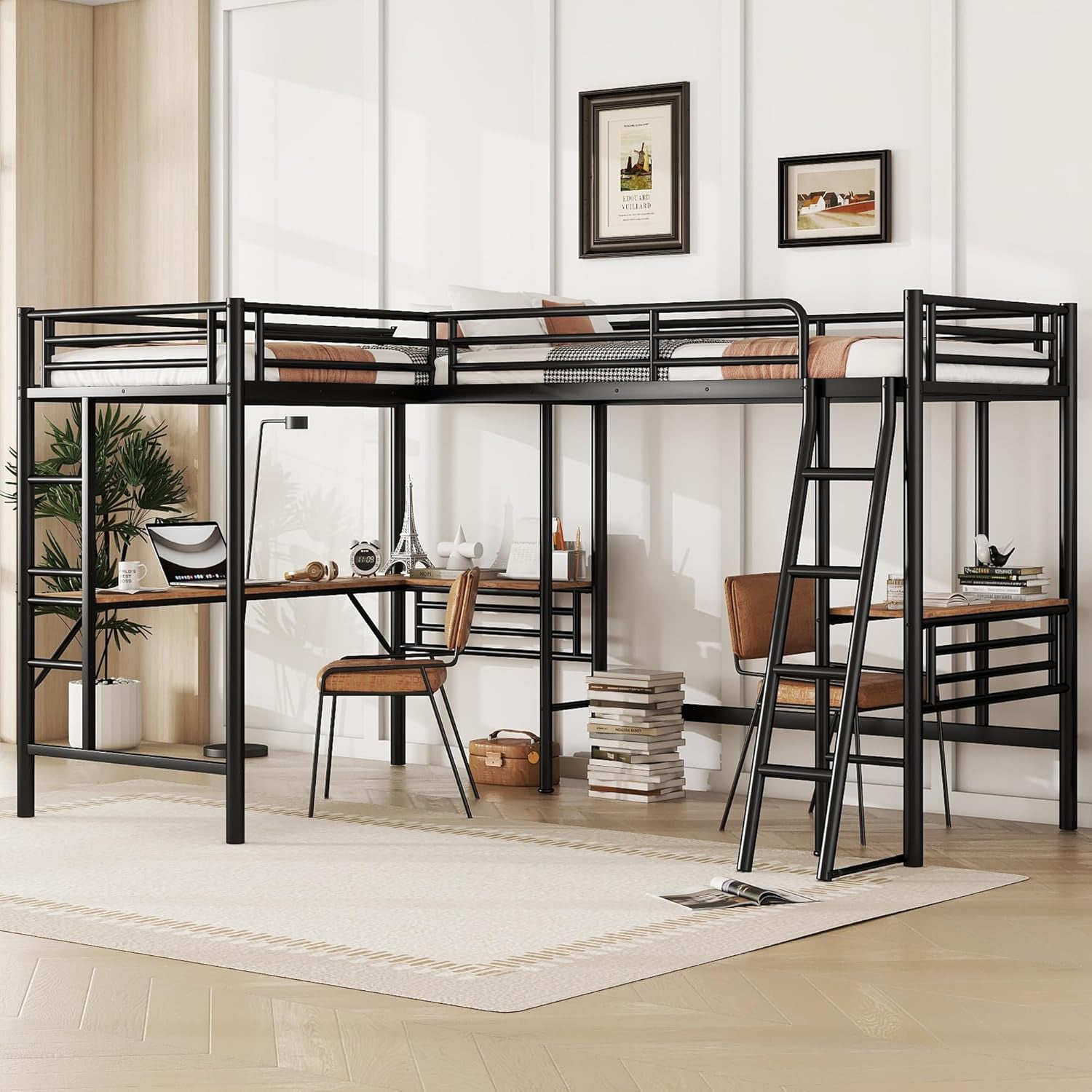 L-Shape Loft Beds with Two Desk Metal Double Twin Size Loft Beds Frame Heavy-Duty Black Corner ...
