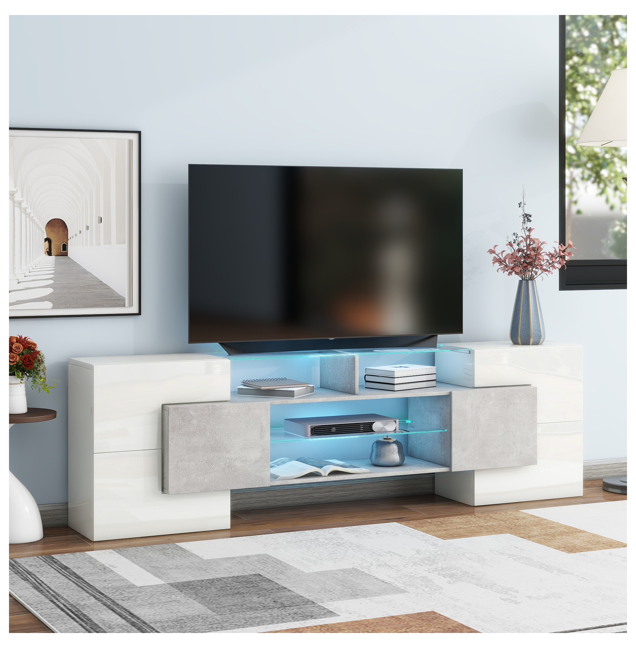L Shape Modern TV Stand with 2 Illuminated Glass Shelves, High Gloss ...