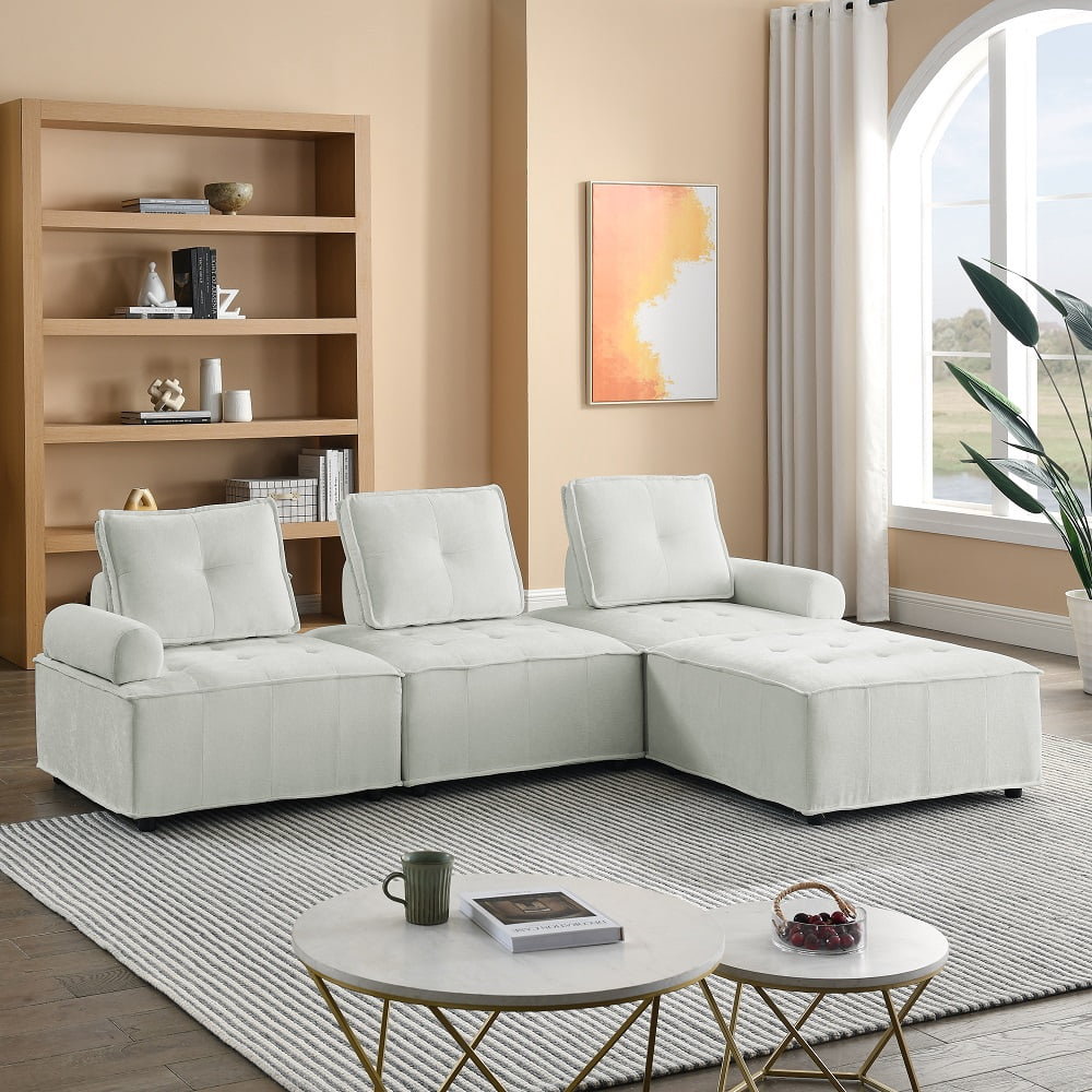 L-Shape Modular Sectional Sofa, DIY Combination, Chenille White ...