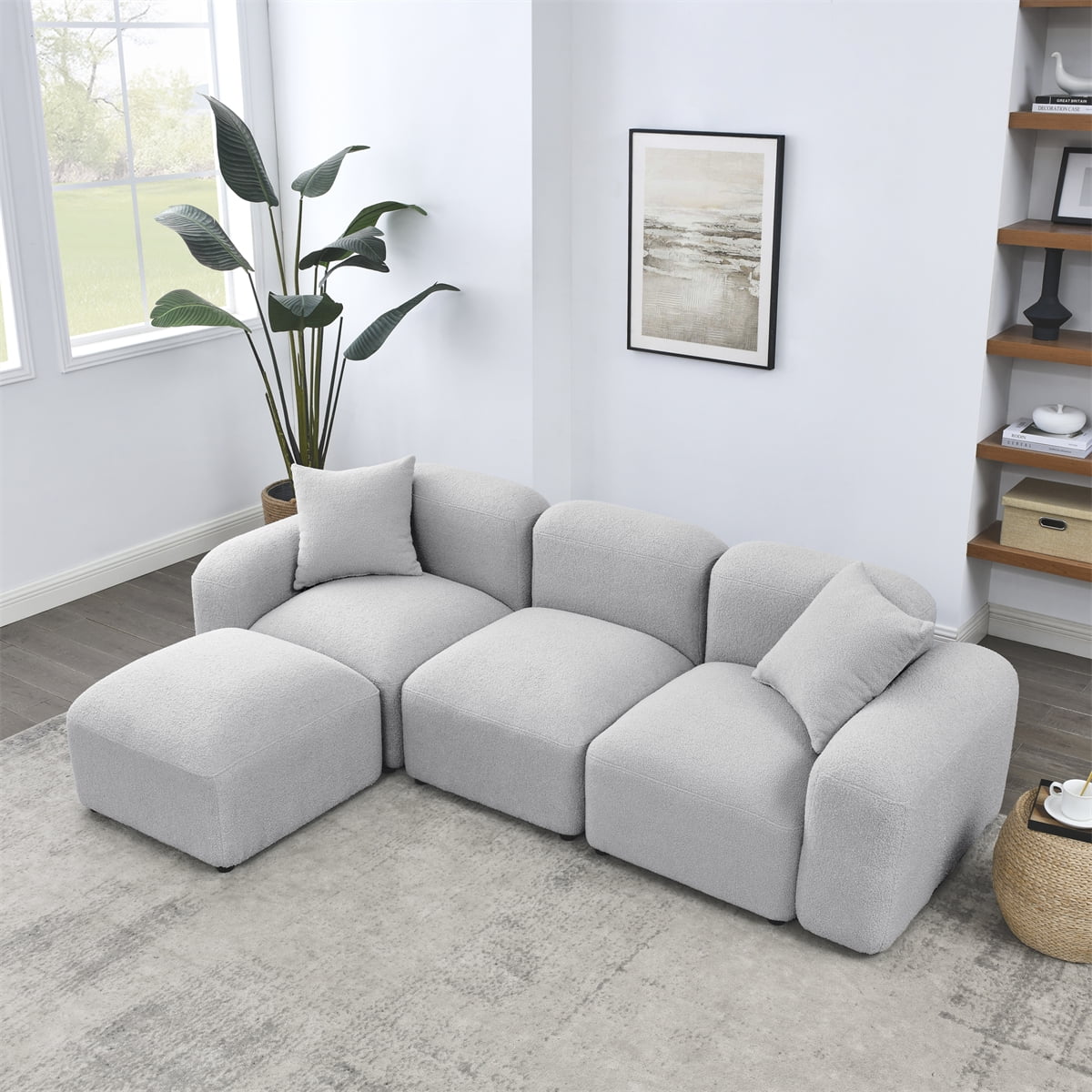 L-Shape Modular Sectional Sofa, Teddy Fabric Large Sofa Couch with 2 ...