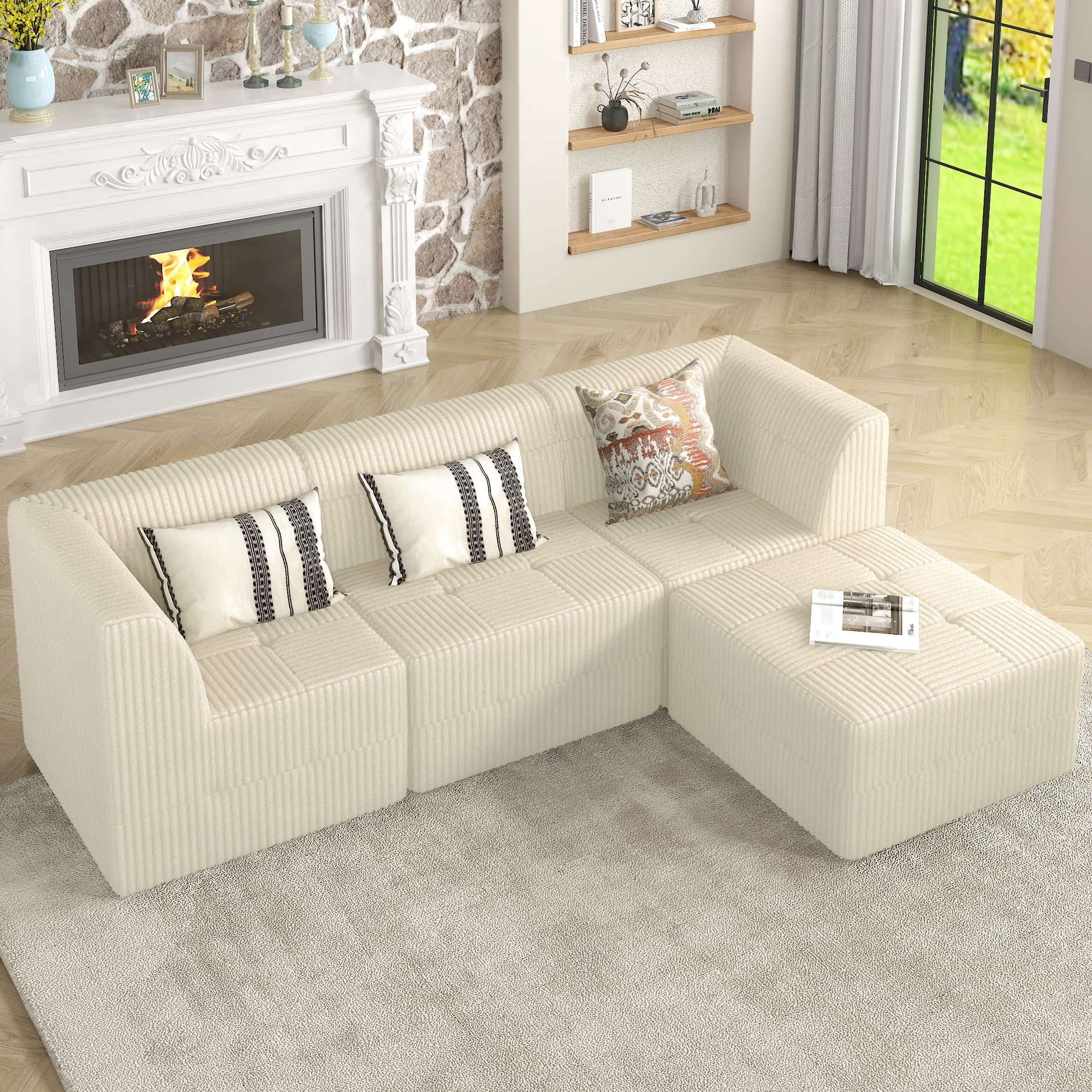 L Shape Sectional In Beige, Minimalist For Bedroom - Comfy Sleeper With ...