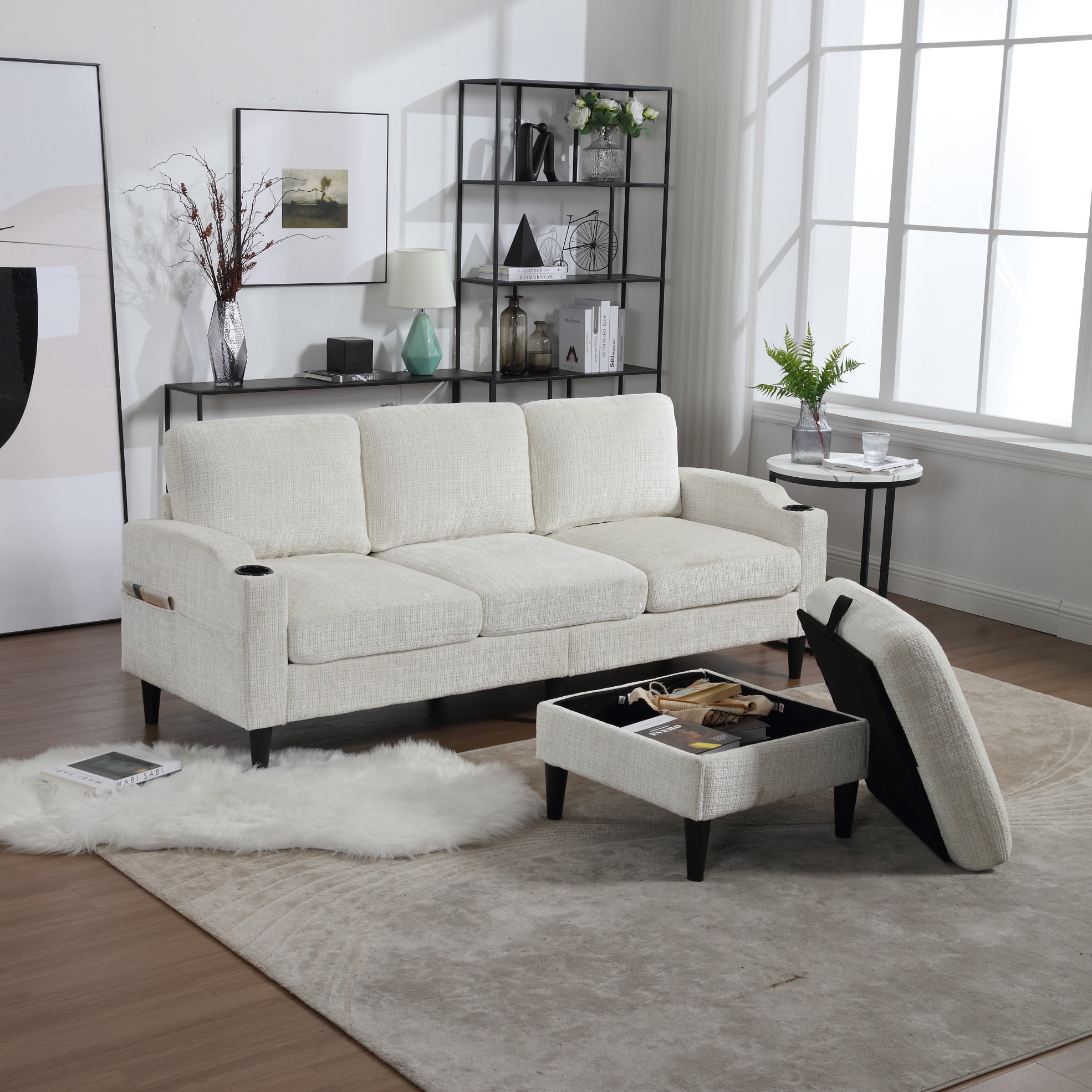 L-Shape Sectional Sofa Couch with Removable Storage Ottoman, Chenille 3 ...