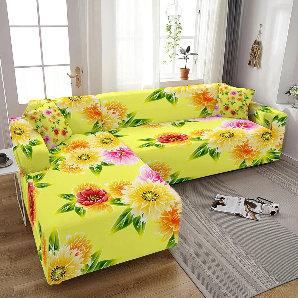 L Shape Sofa 3D Flower Print Sofa Cover for Living Room Stretch ...