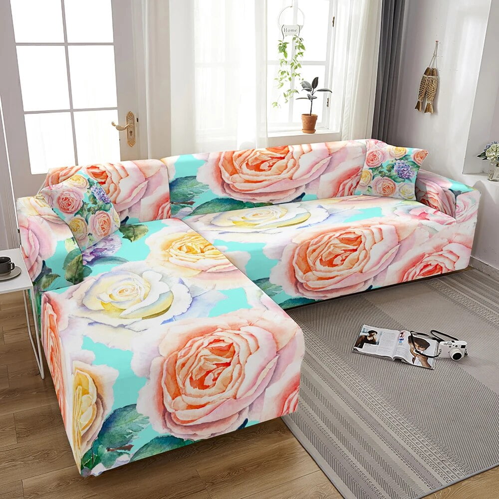 L Shape Sofa 3D Flower Print Sofa Cover for Living Room Stretch Slipcovers Sectional Couch Cover ...
