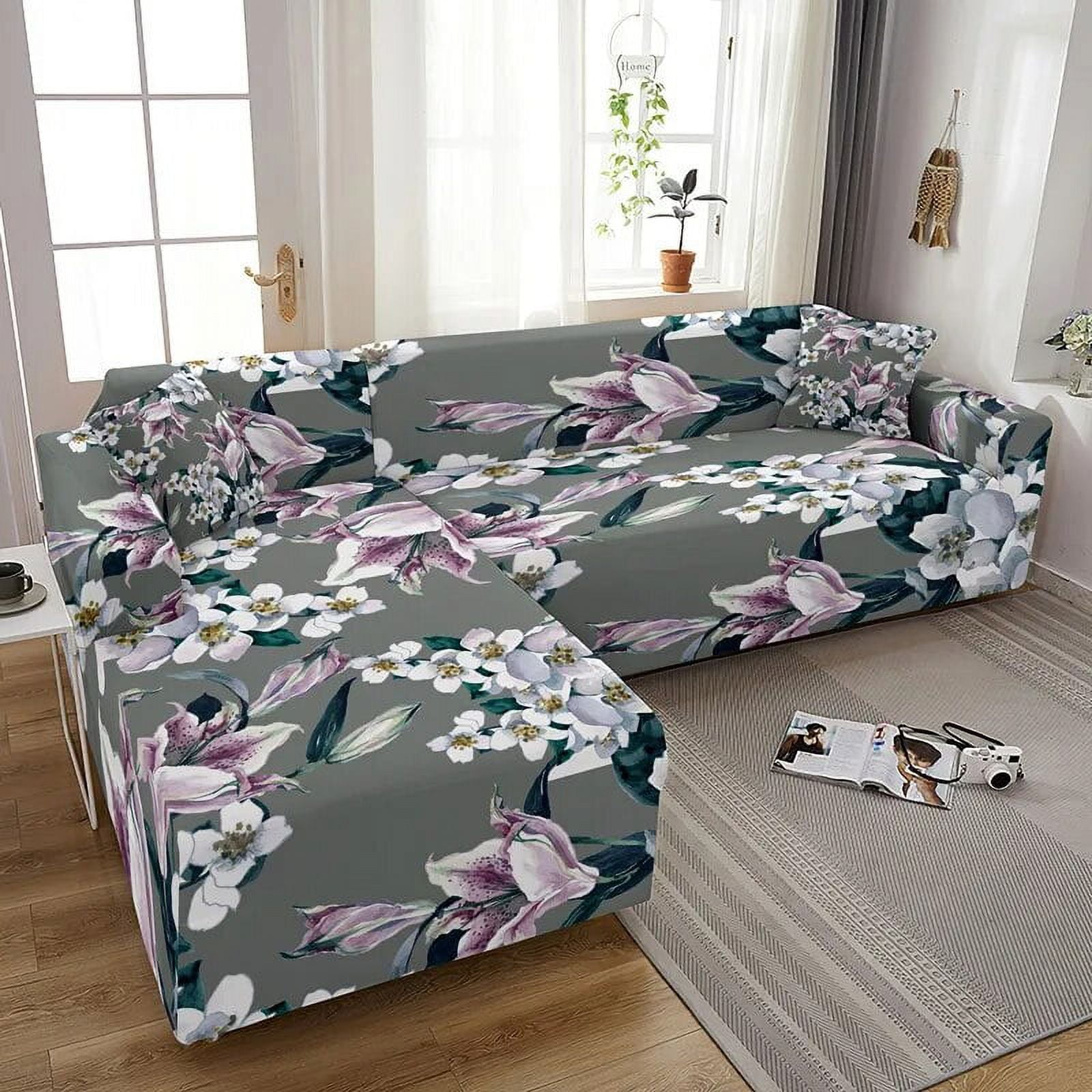 L Shape Sofa Cover 3D Flower Print For Living Room Stretch Slipcovers ...