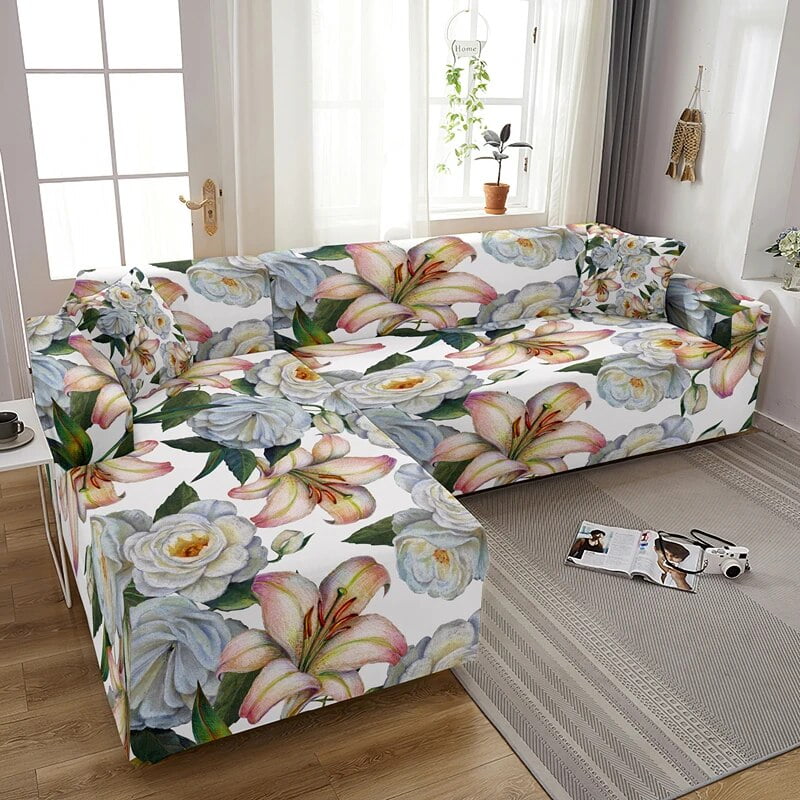 L Shape Sofa Cover Floral Print Elastic Combination Couch Covers ...