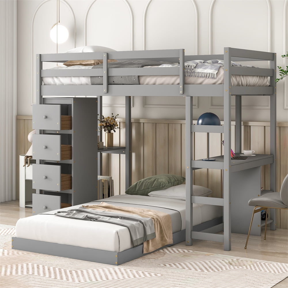 L Shape Twin over Twin Bunk Bed with 4 Drawers, Desks on Both Sides and Shelves for Teens, Girls ...