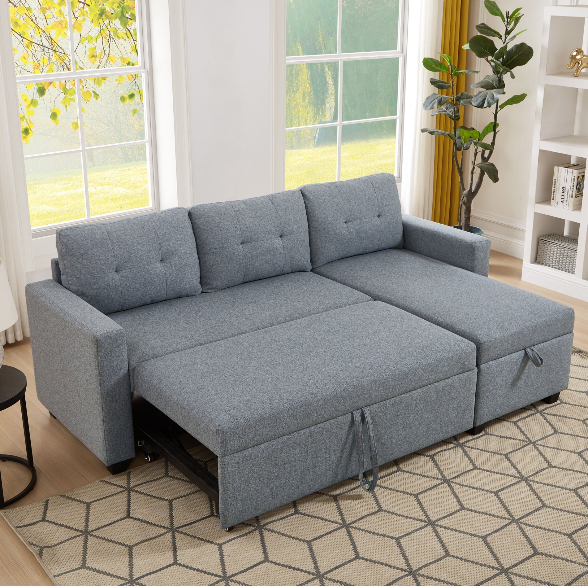 L-Shape Upholstered Sectional Sofa with Pull-out Bed, Convertible ...