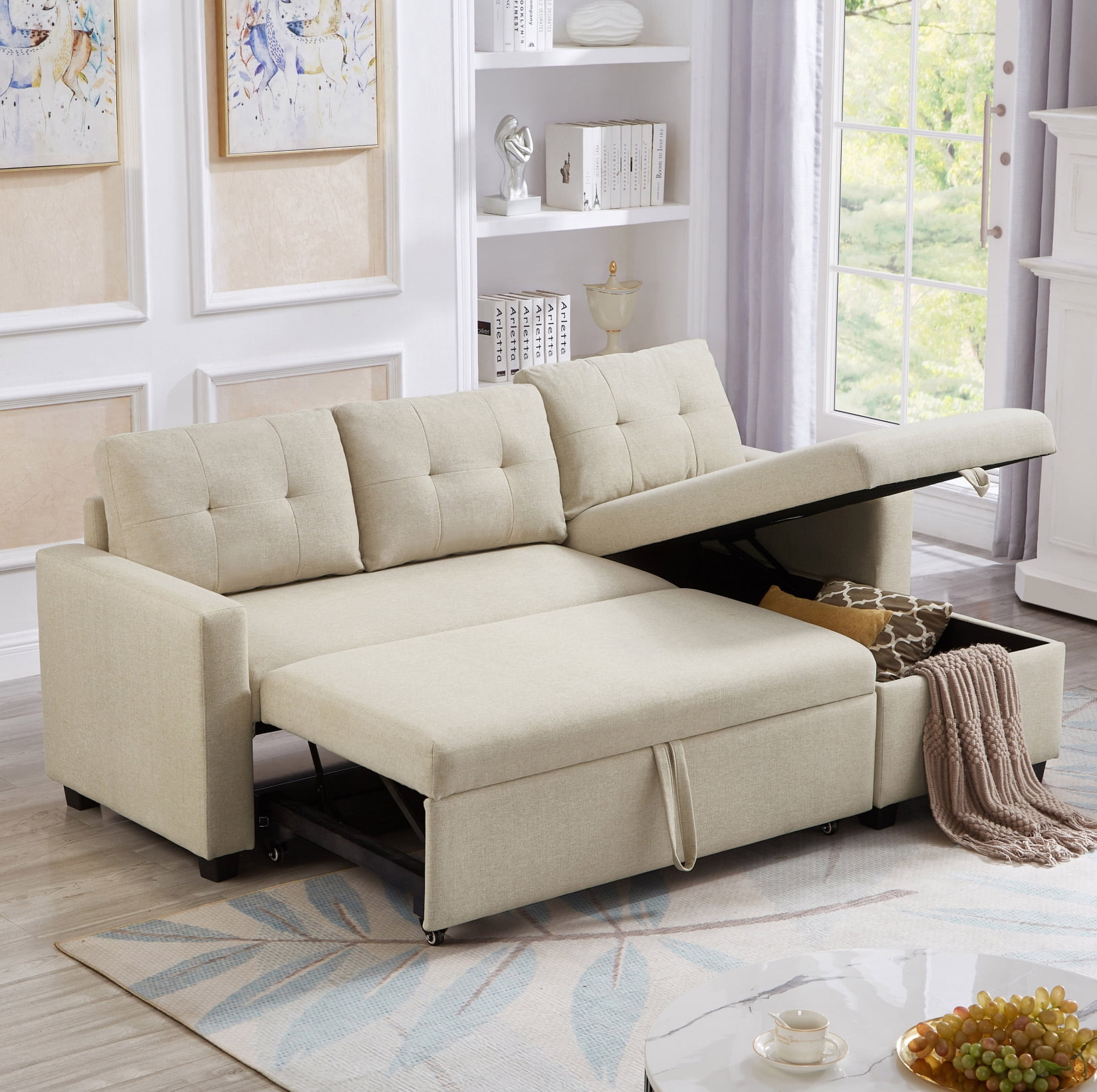 L-Shape Upholstered Sectional Sofa with Pull-out Bed, Convertible ...