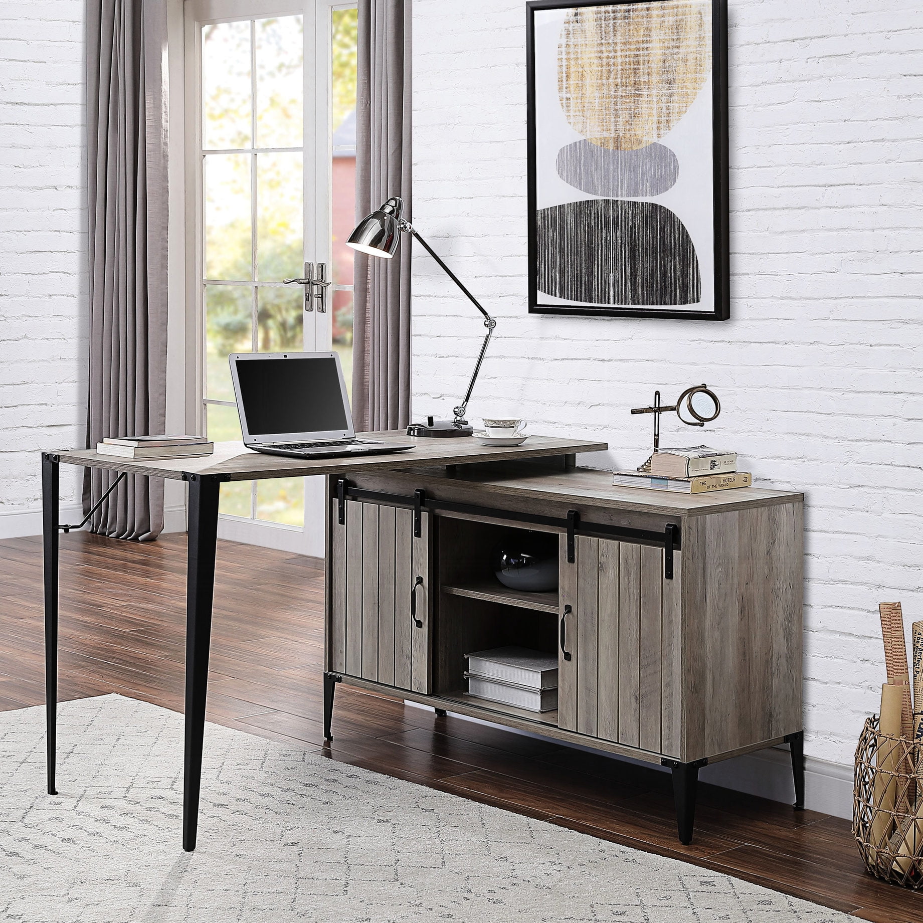 L-Shape Writing Desk in Grey | Office Use for Multiple Users | Paper ...