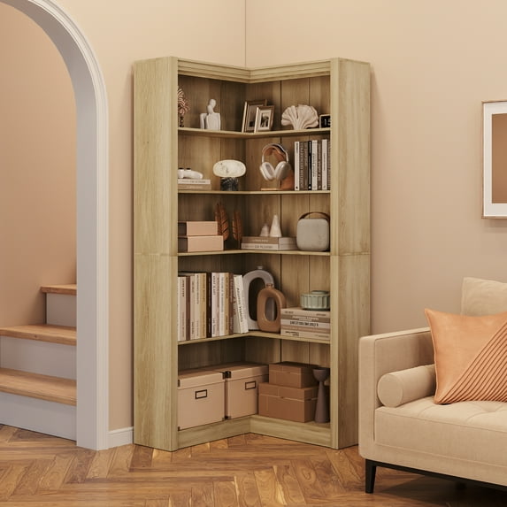 L-Shaped 5 Tier Corner Bookshelf 71.8'' Tall - Farmhouse Style Storage ...