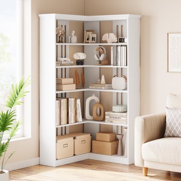 Tribesigns 6-Tier Corner Bookshelf, 65 in. Wood Bookcase with Anti-drop ...