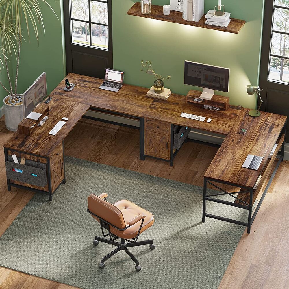 L Shaped 86" Reversible Corner Computer Desk Drawer Monitor Stand ...