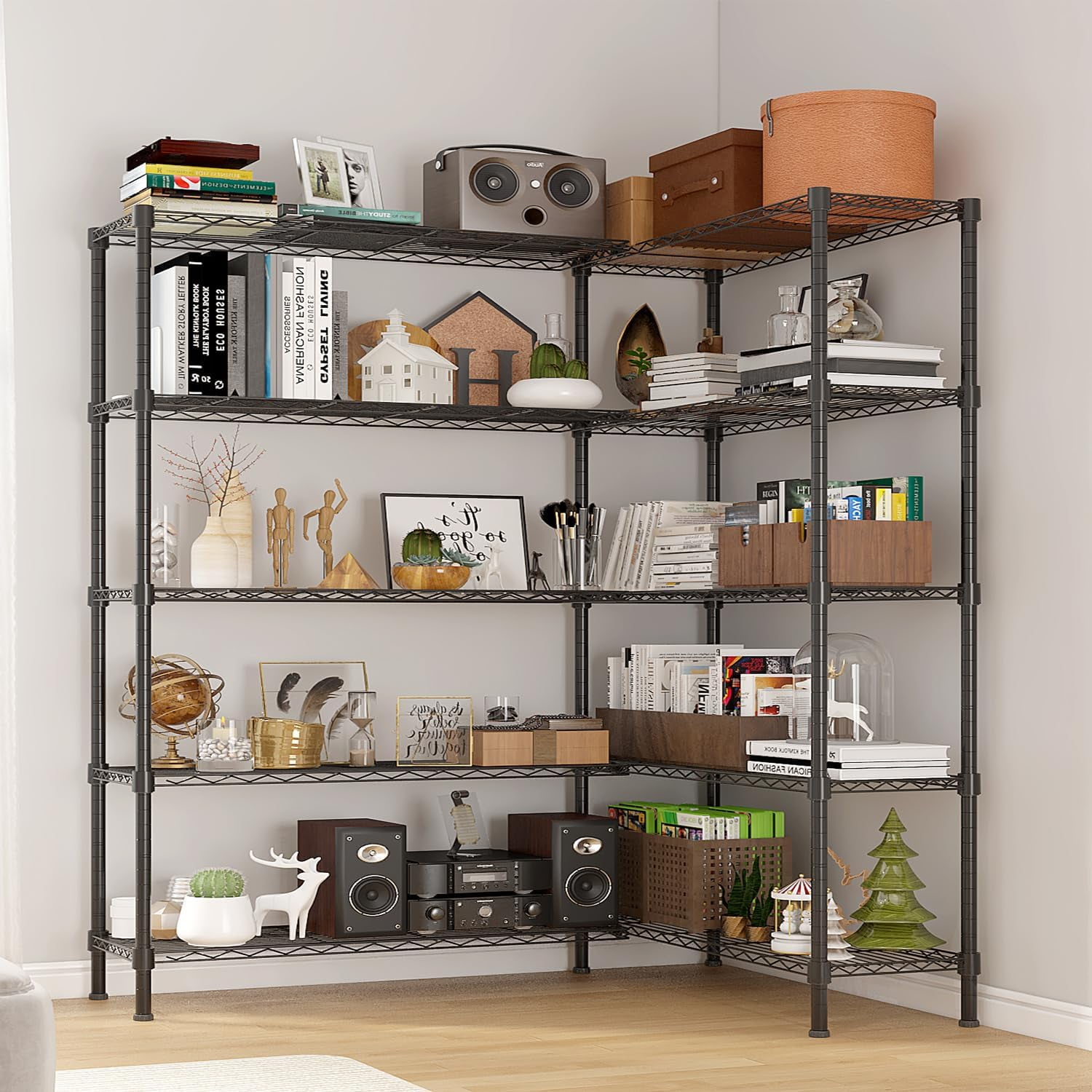 L Shaped Adjustable Storage Shelves, 58''W 5 Tier Standing Shelf Unit ...