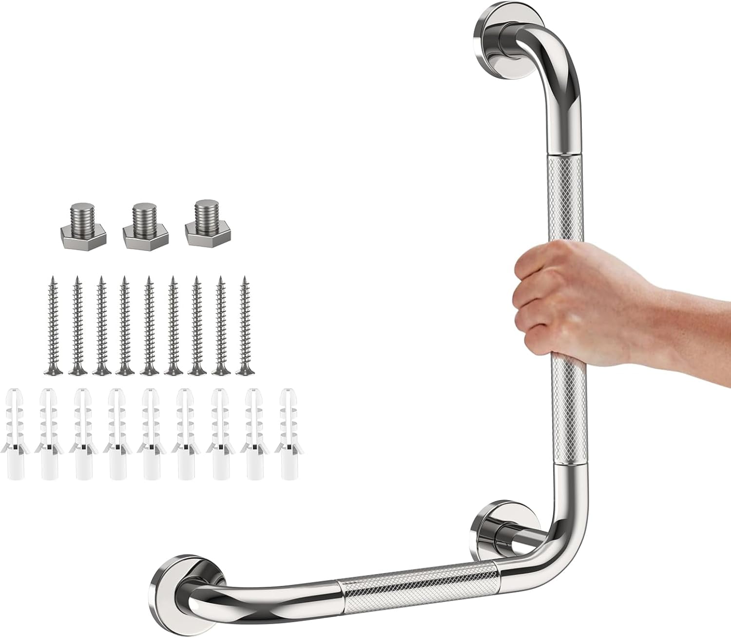 L-Shaped Angled Grab Bar 12x16 Inch Chrome Anti-Slip Knurled Shower ...