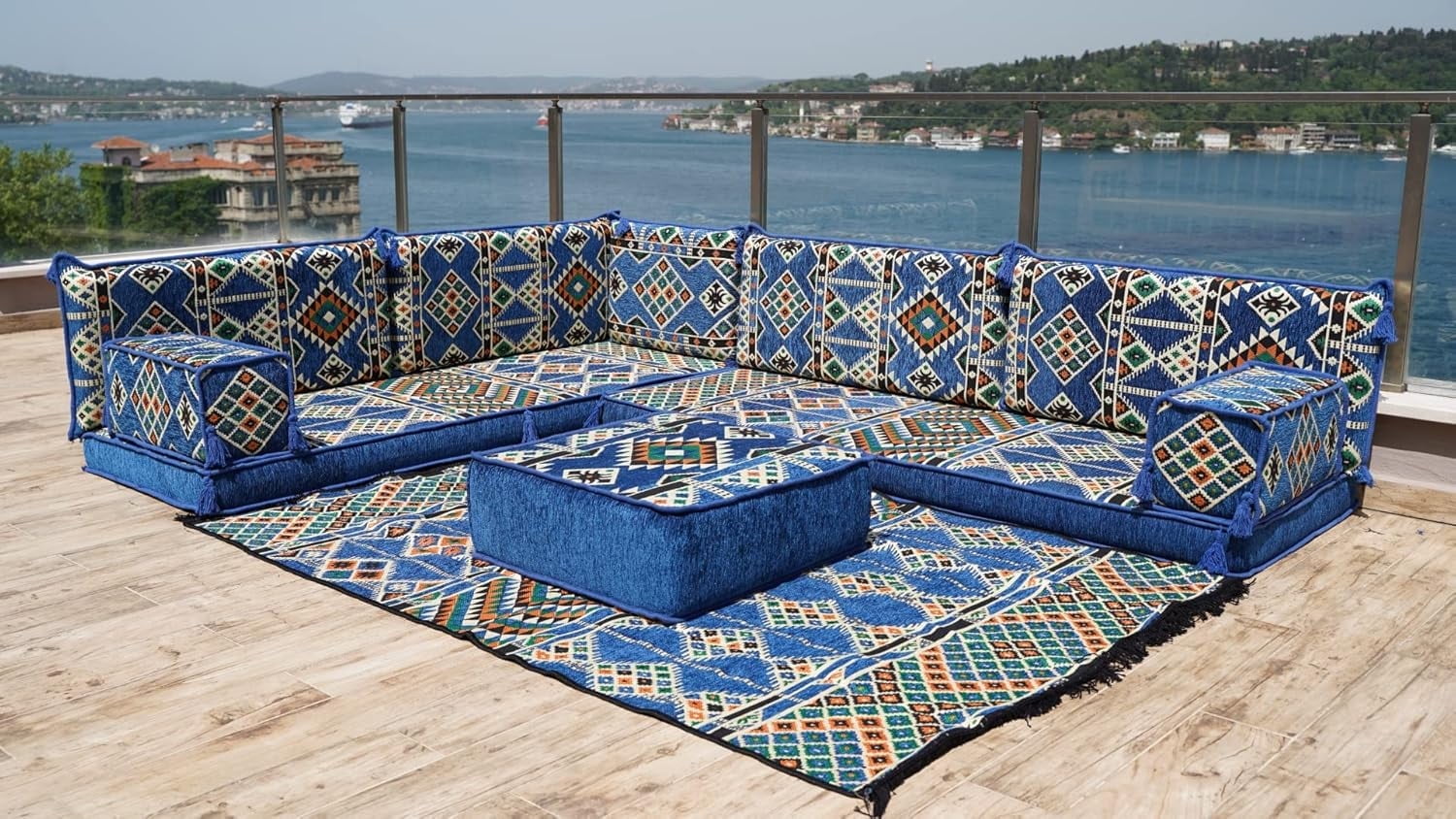 L Shaped Arabic Floor Sofa Set, Blue Floor Cushions, Patio Sofas, Terrace Sofa, Moroccan Sofas ...