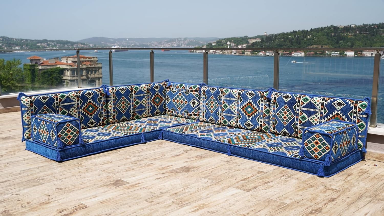 L Shaped Arabic Floor Sofa Set, Blue Floor Cushions, Patio Sofas, Terrace Sofa, Moroccan Sofas ...