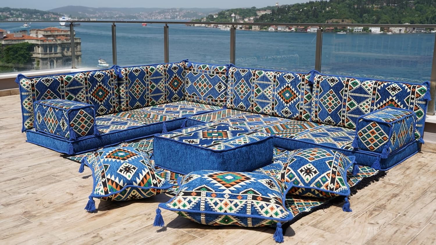 L Shaped Arabic Floor Sofa Set, Blue Floor Cushions, Patio Sofas ...