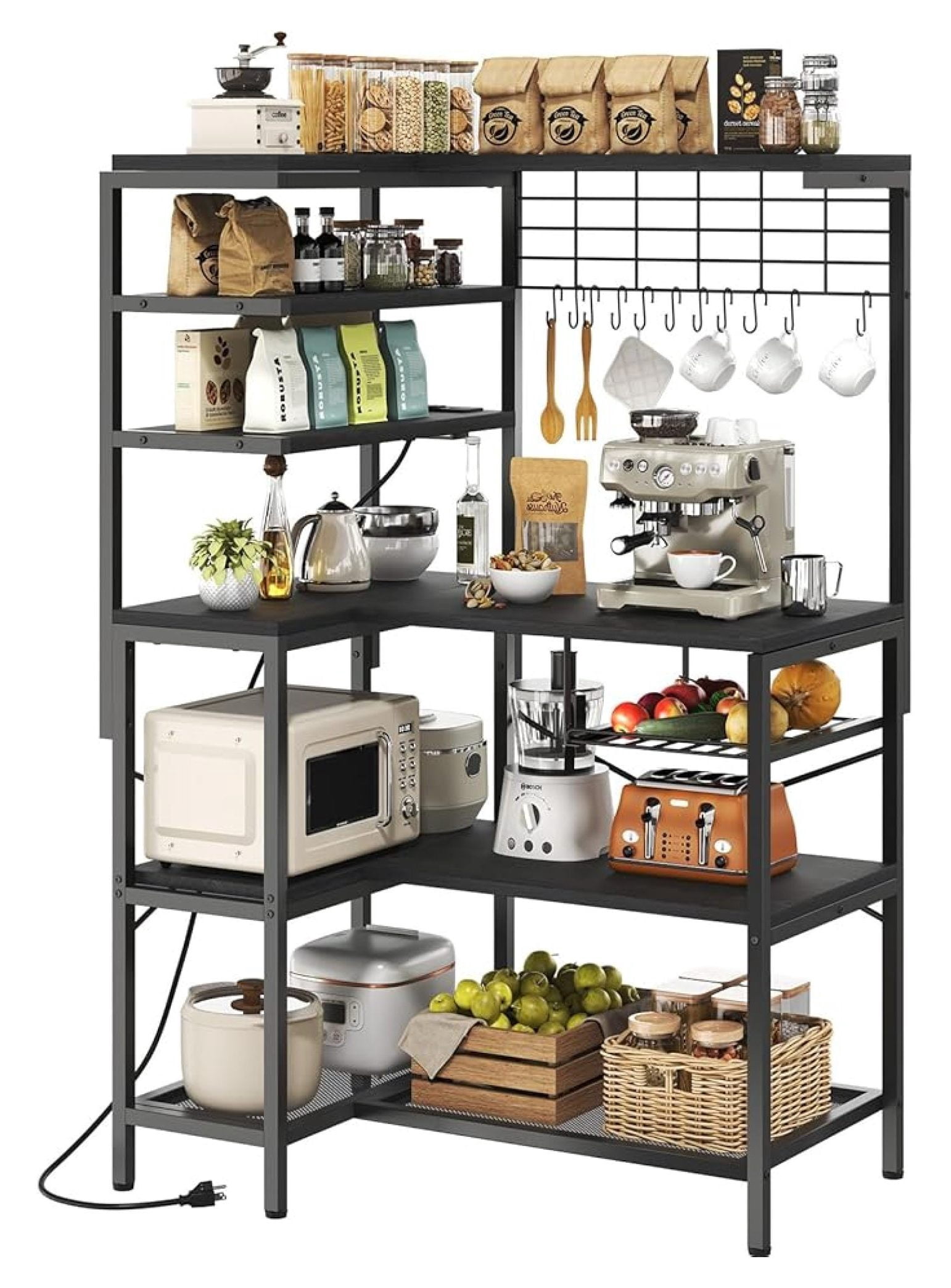 L-Shaped Bakers Rack with Power Outlet, 6-Tier Microwave Stand with ...