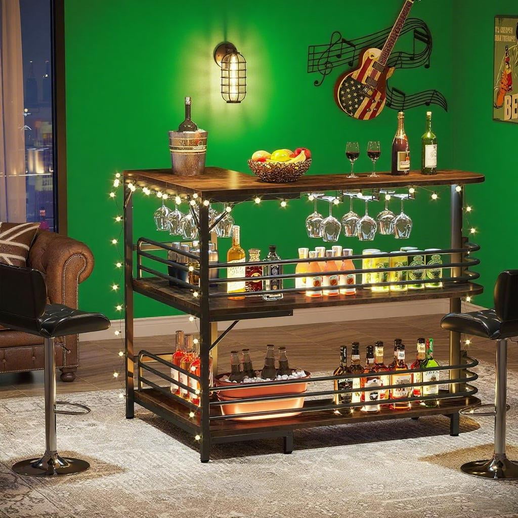 L-Shaped Bar Table, Home Bar with 6 Stemware Racks, Large Countertop ...