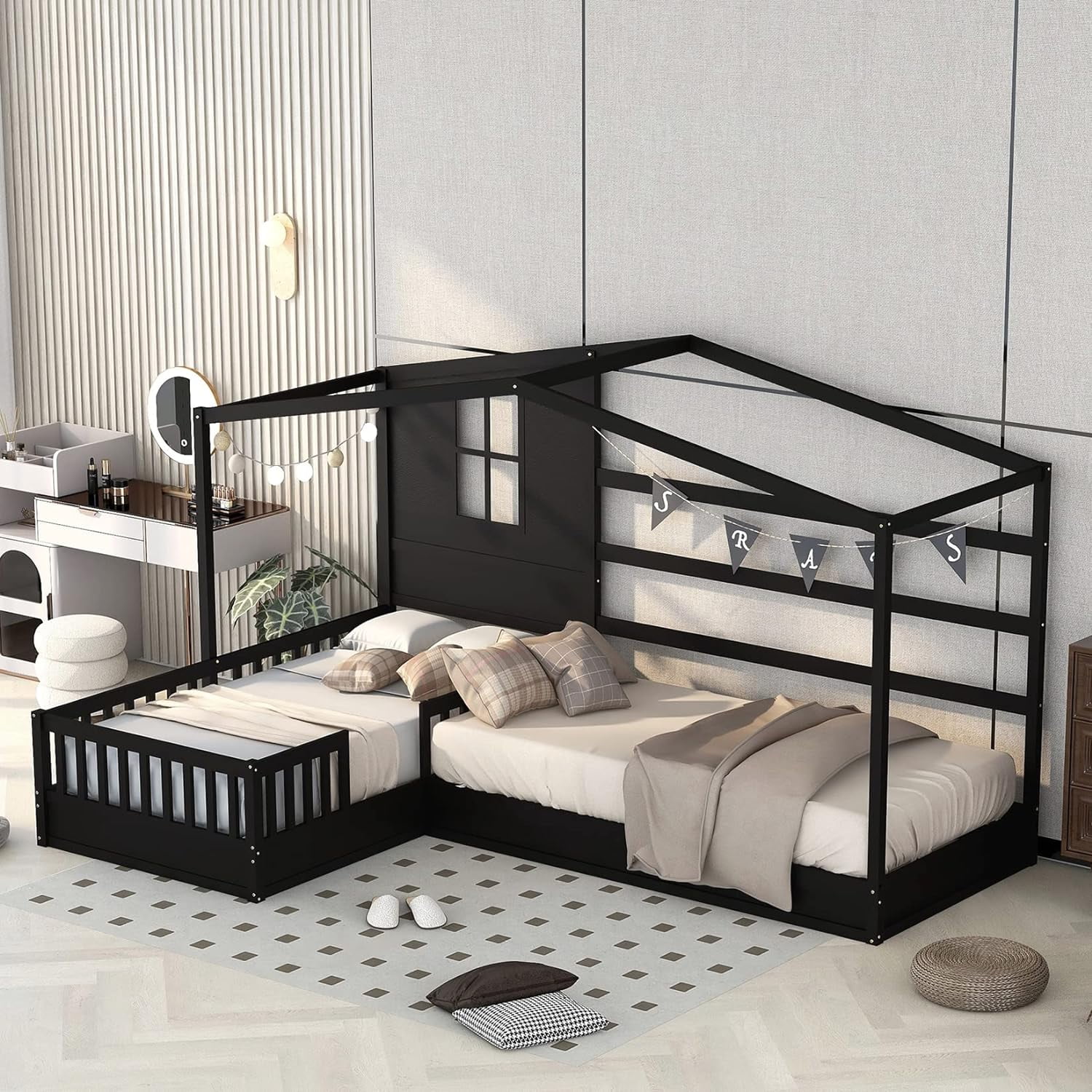 L Shaped Bed Frame With Roof, Corner Bed House Bed For Kids, Solid Wood ...