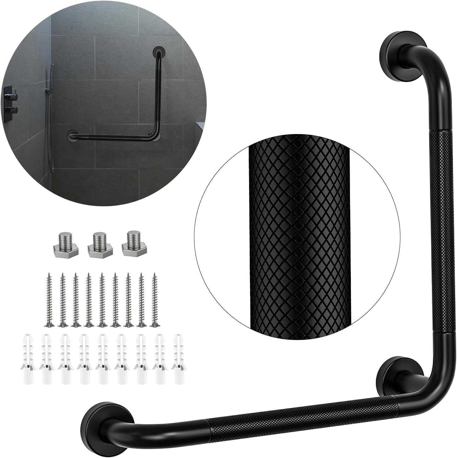 L-Shaped Black Grab Bar 16x16 Inch, Stainless Steel Bathroom Handrail ...
