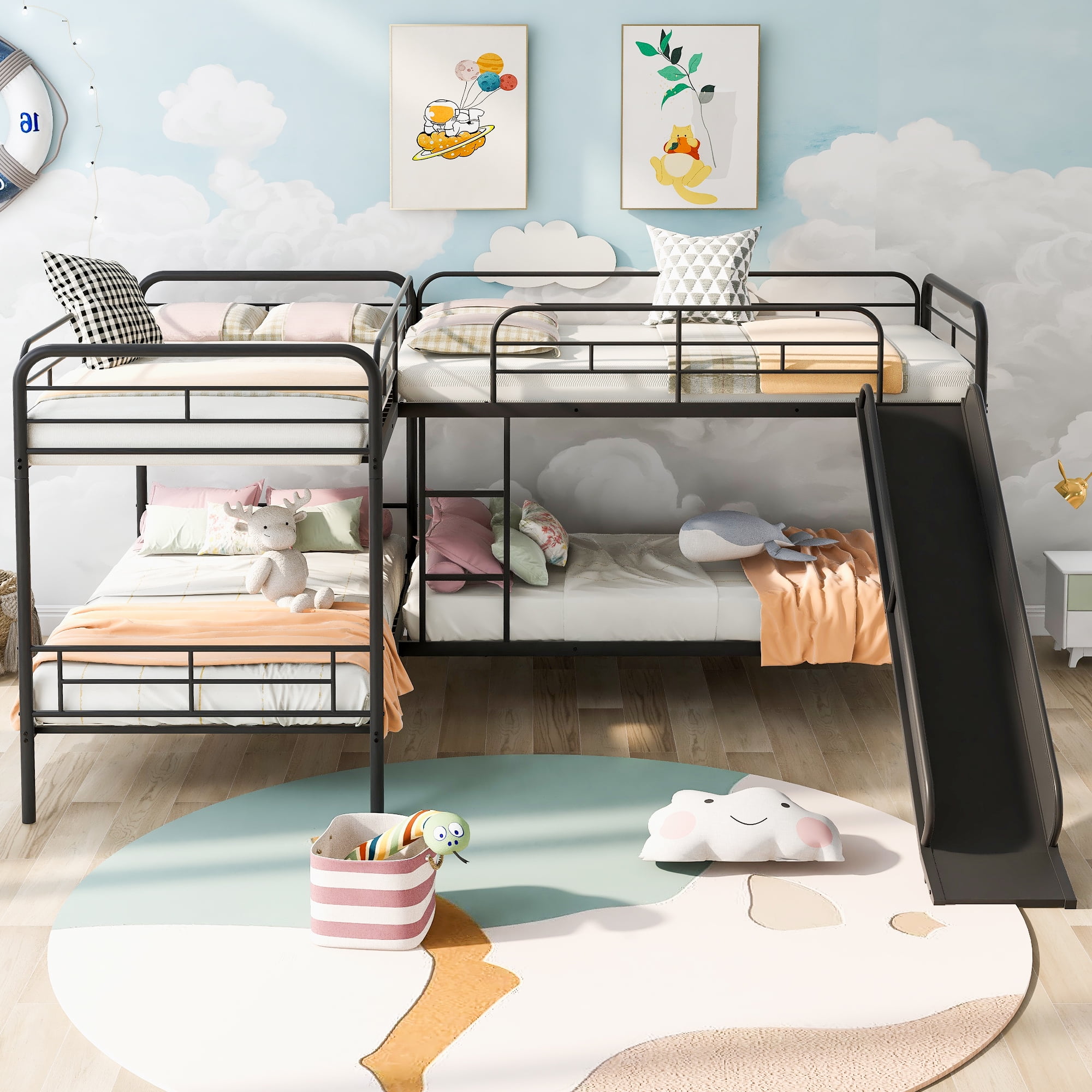 L Shaped Bunk Bed for 4,Quad Bunk Bed,L-Shaped Bunk Bed with Slide ...