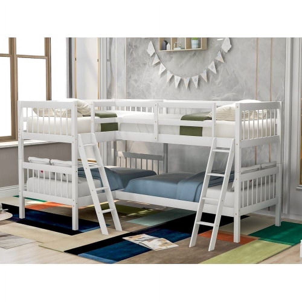 L-Shaped Bunk Bed Twin Over Twin, Quad Bunk Bed with Angle Ladder and ...