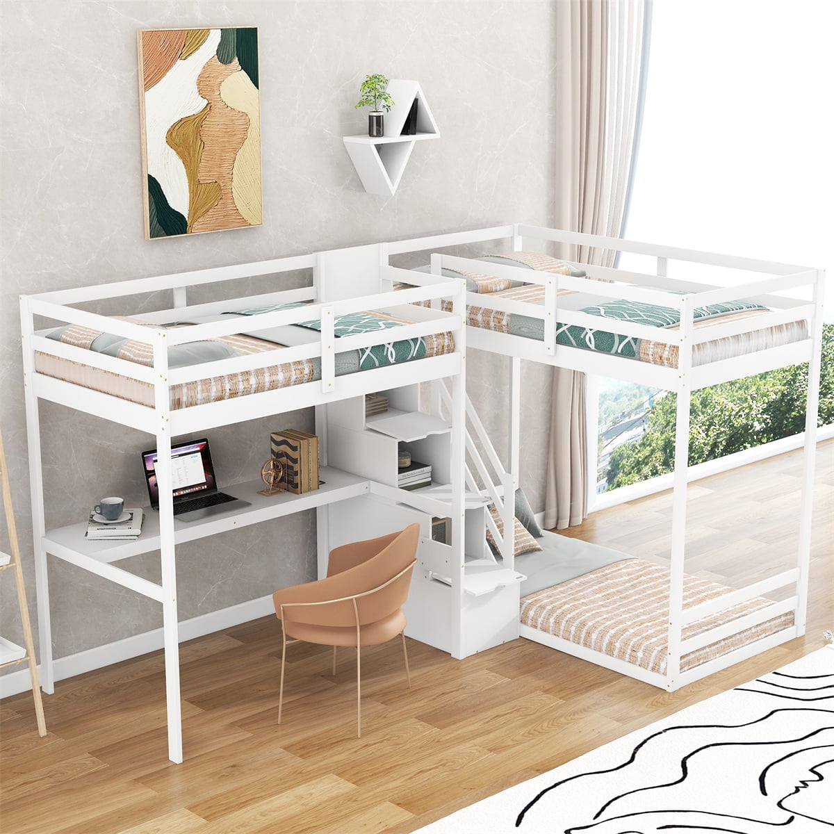 L Shaped Bunk Bed, Twin Size Loft Bed with Built-in Middle Staircase ...