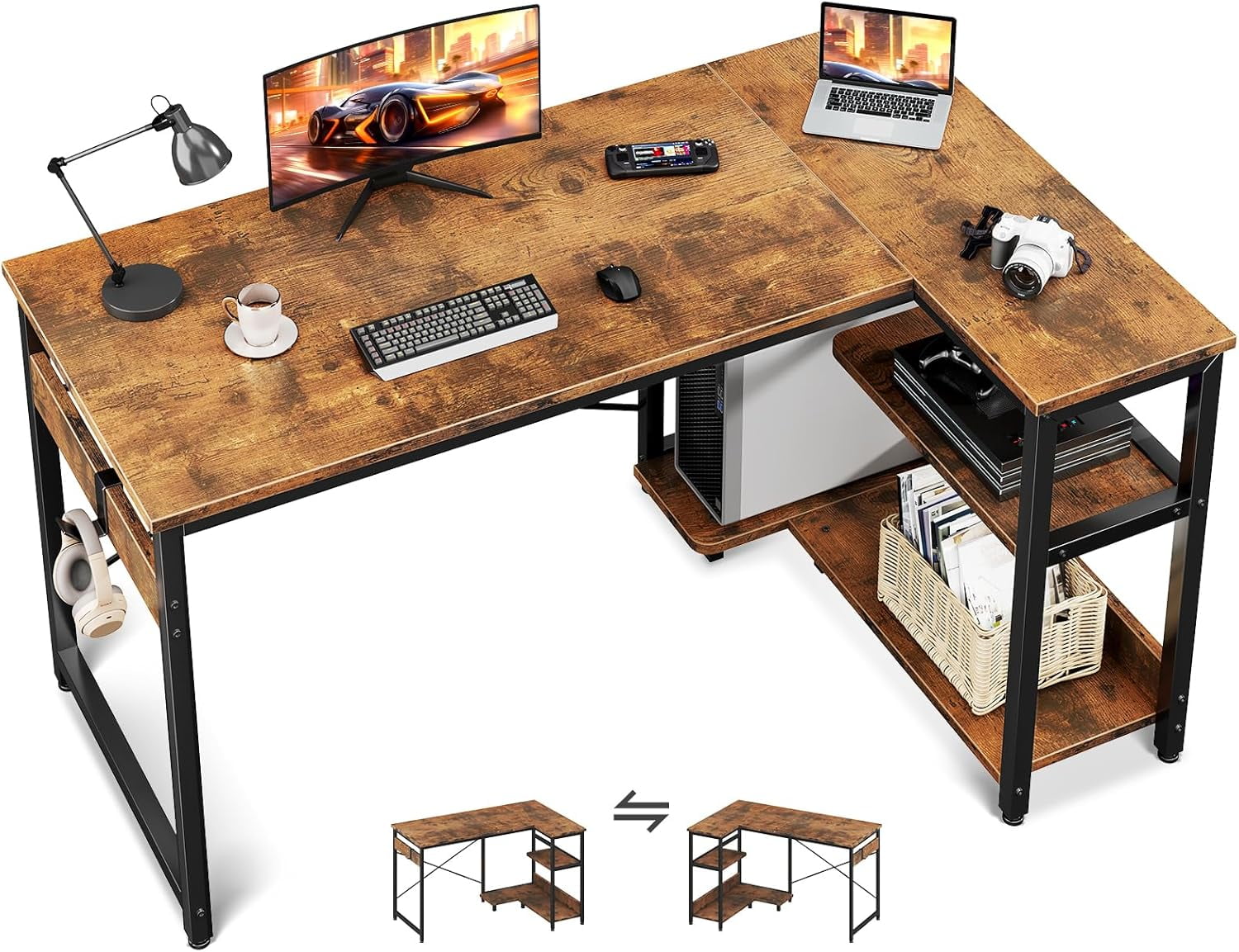 L Shaped Computer Desk, 48 Inch Small Corner Desk with Storage Shelves ...