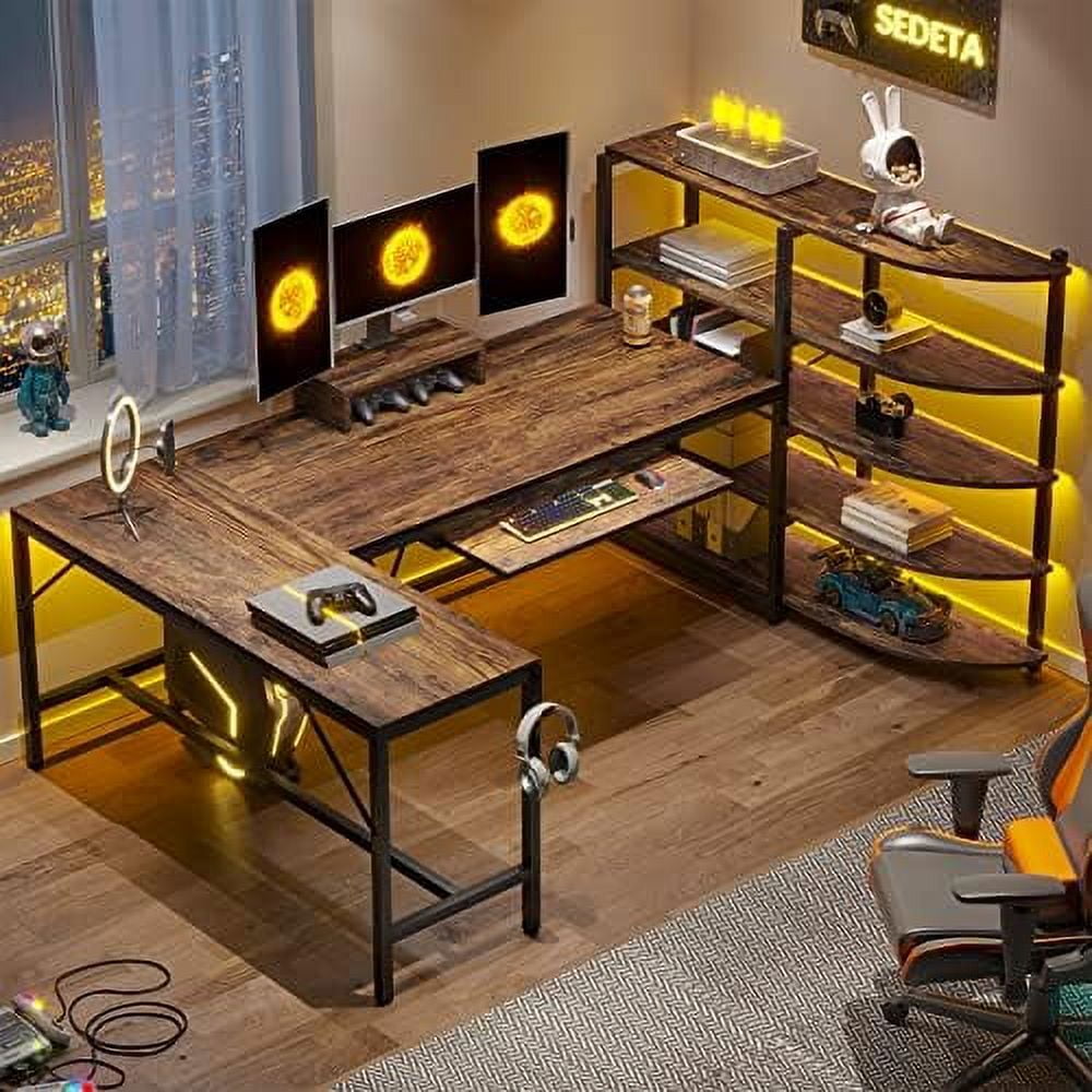 L Shaped Computer Desk 63'' Corner Gaming Desk with Keyboard Tray & LED ...